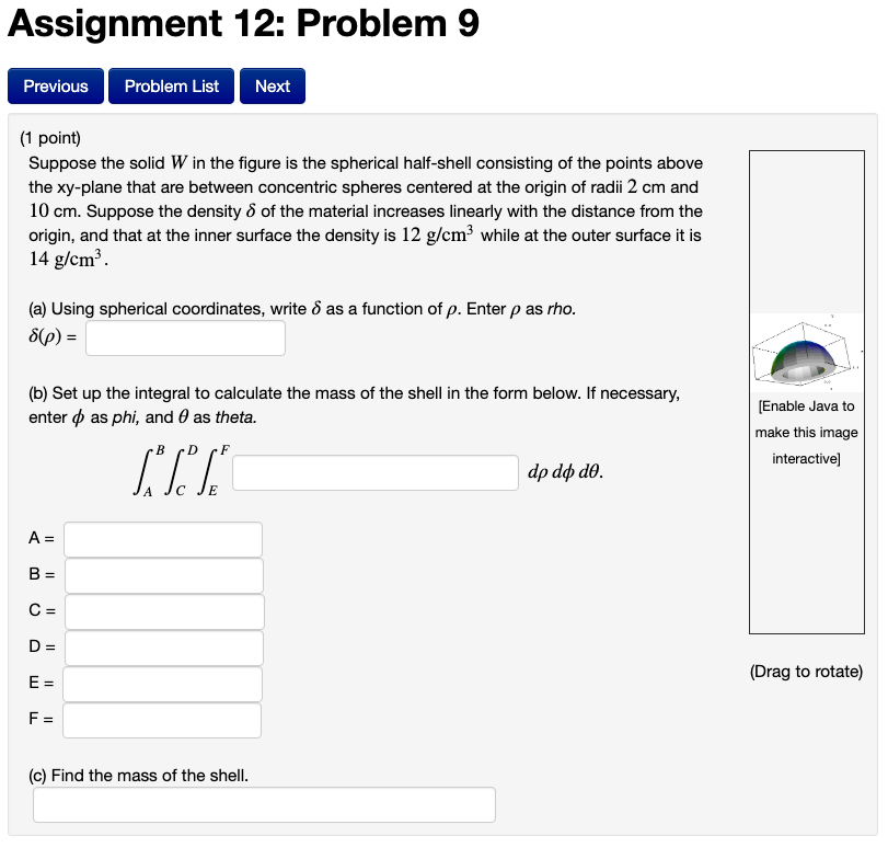 Assignment 12: Problem 9 Previous Problem List Next | Chegg.com