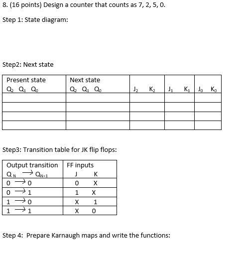 Solved 8. (16 points) Design a counter that counts as 7,2,5, | Chegg.com