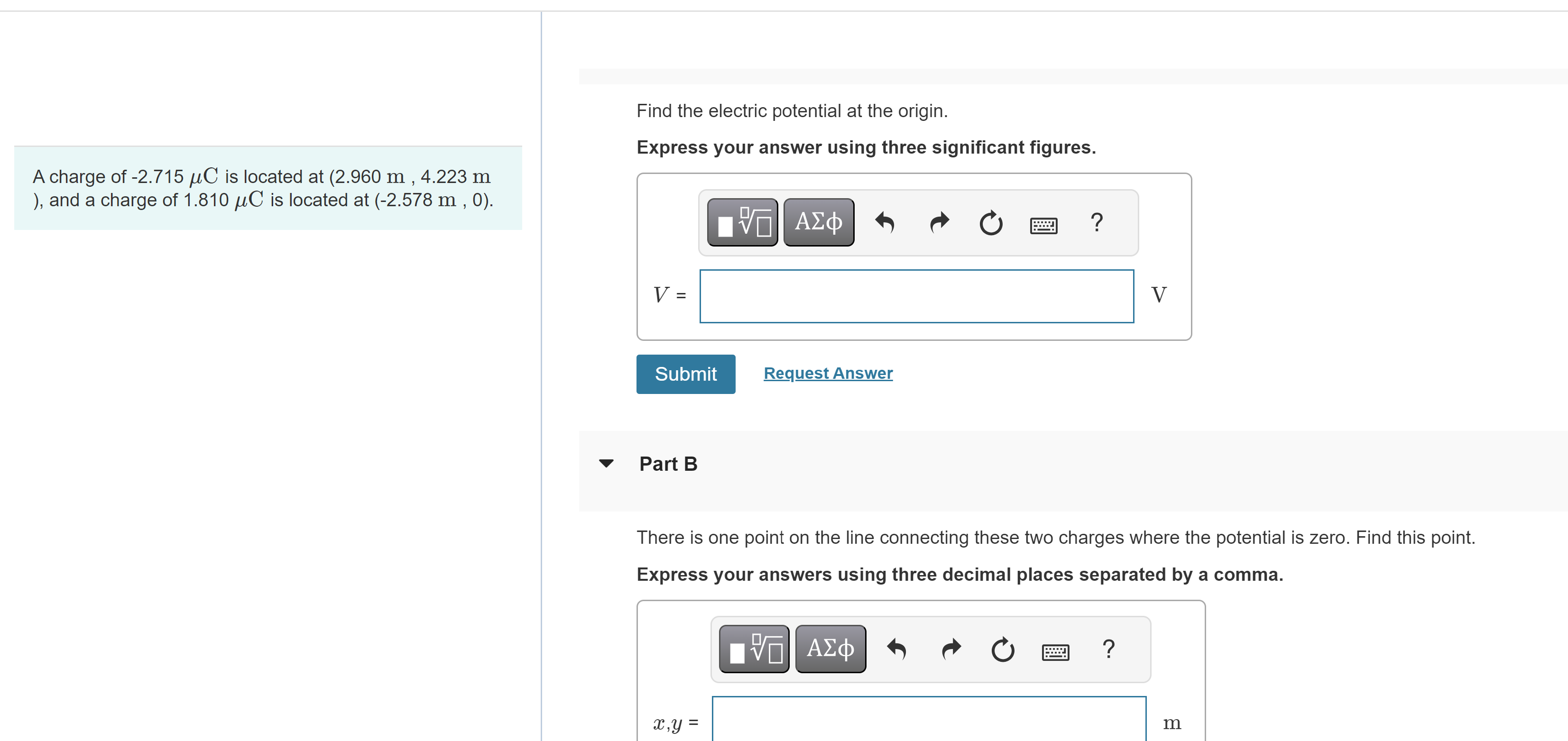 Solved Find the electric potential at the origin. Express | Chegg.com