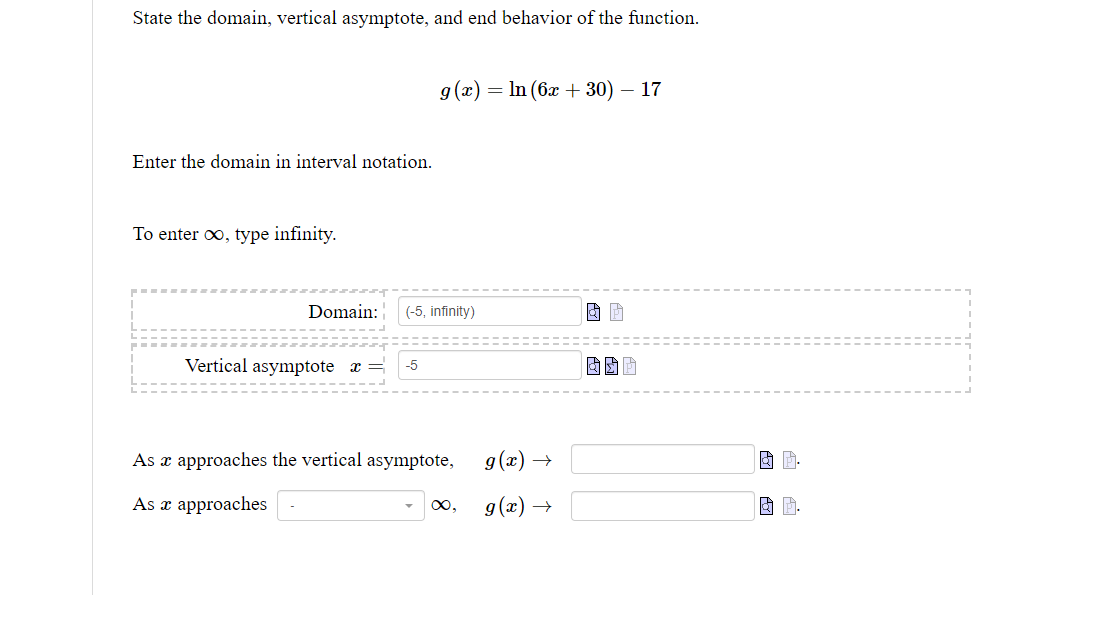 Solved State the domain, vertical asymptote, and end | Chegg.com