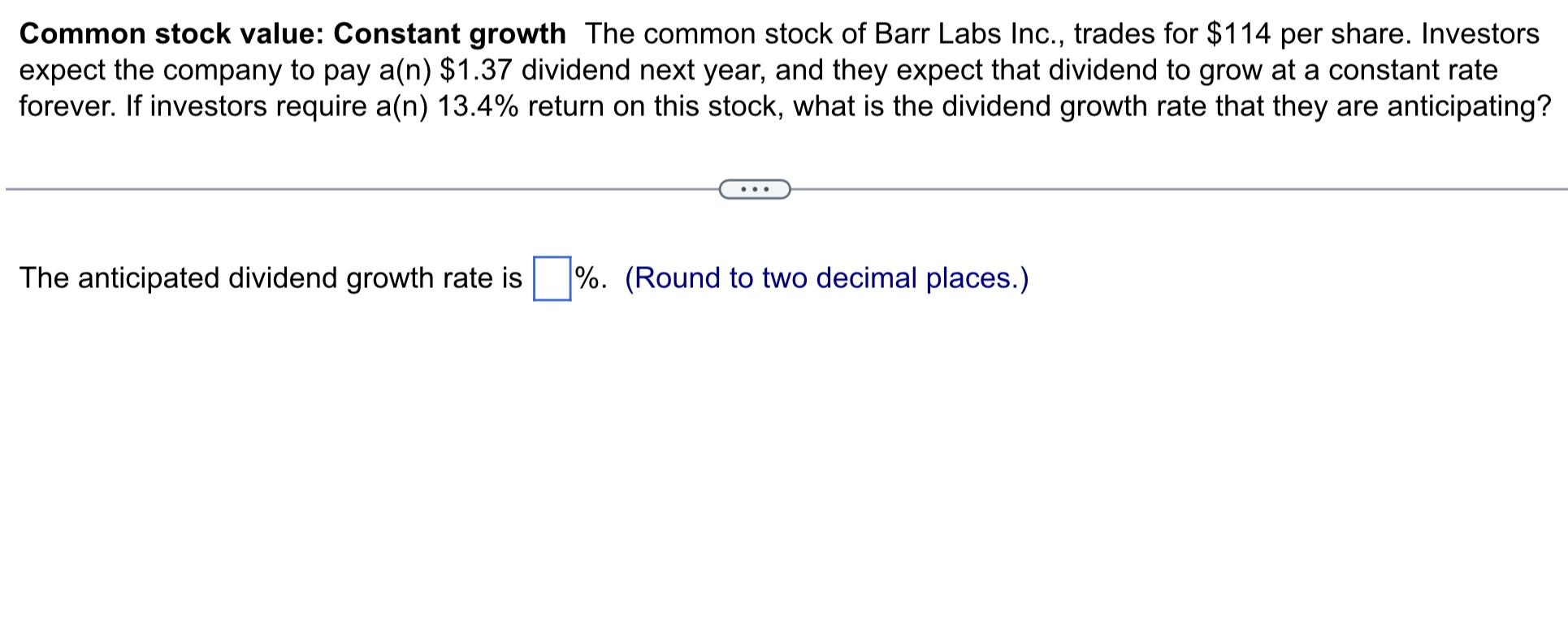 Solved Common stock value: Constant growth The common stock | Chegg.com