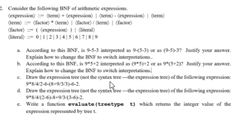 2. Consider the following BNF of arithmetic | Chegg.com