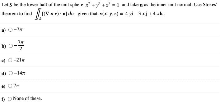 Solved Let S be the lower half of the unit sphere x2+y2+z2=1 | Chegg.com