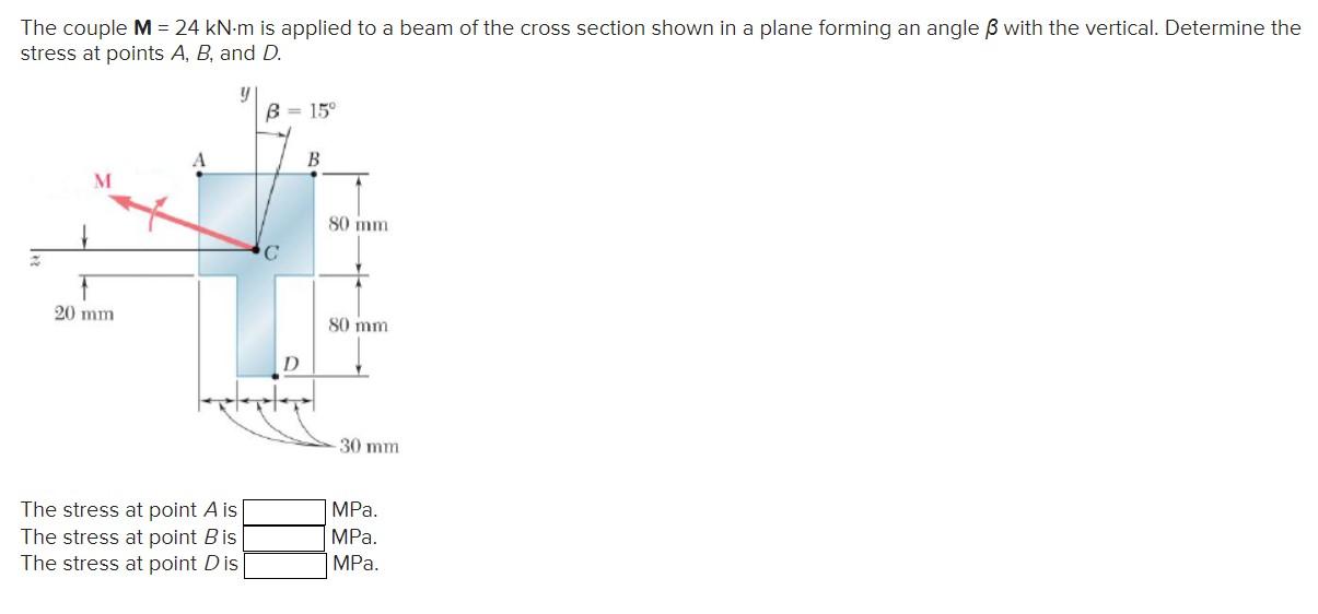 Solved The couple M=24kN⋅m is applied to a beam of the cross | Chegg.com