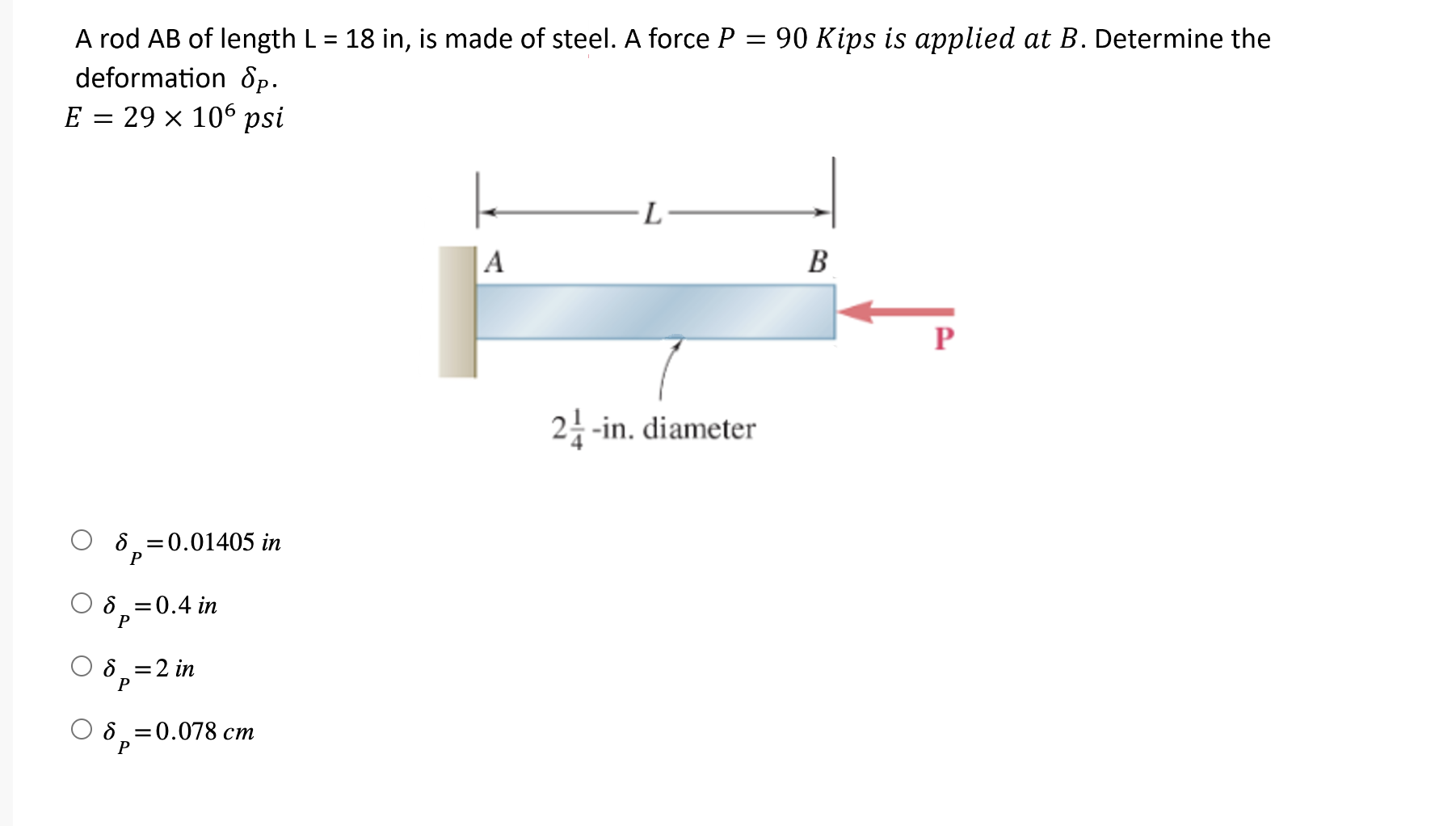 Solved A rod AB of length L=18 in, is made of steel. A force | Chegg.com