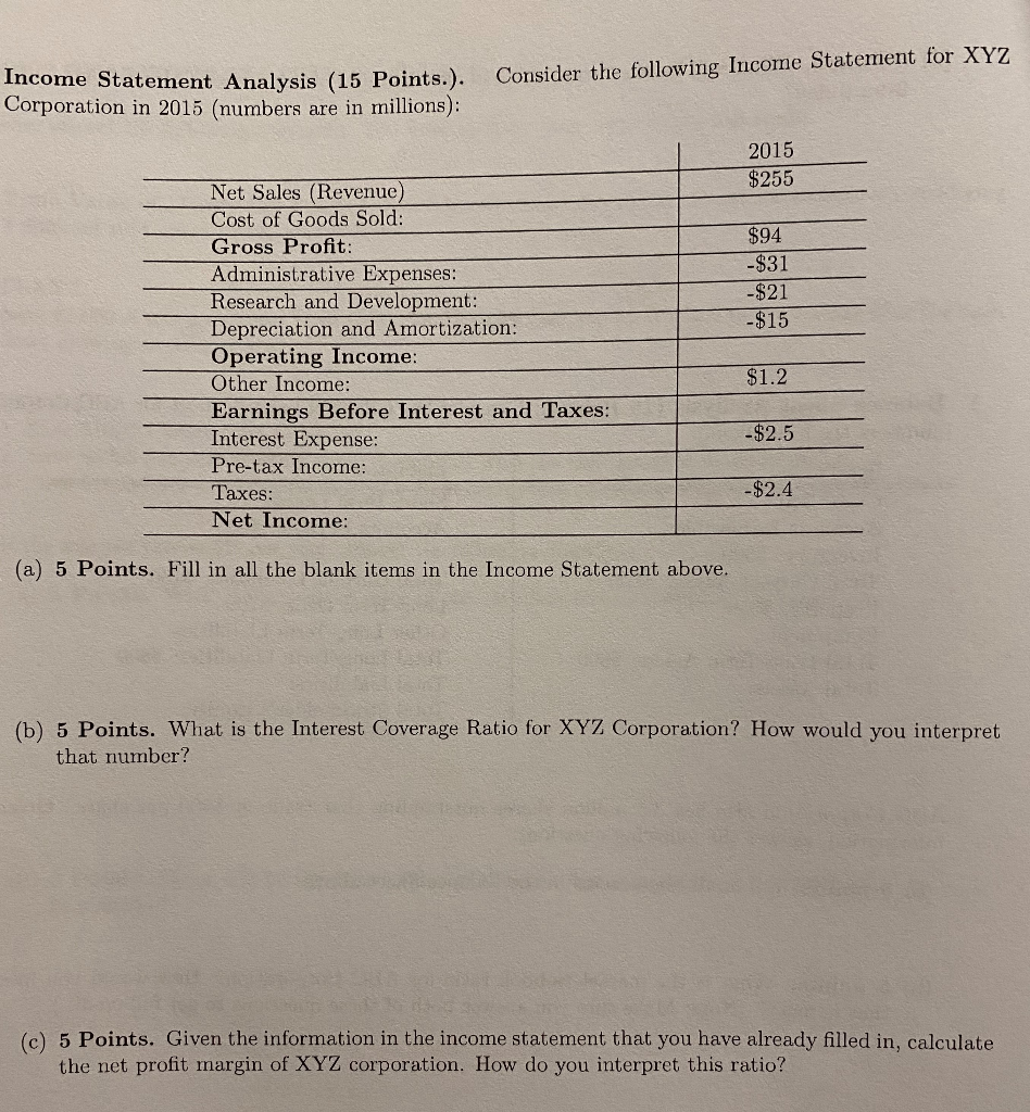 Solved Consider the following Income Statement for XYZ | Chegg.com