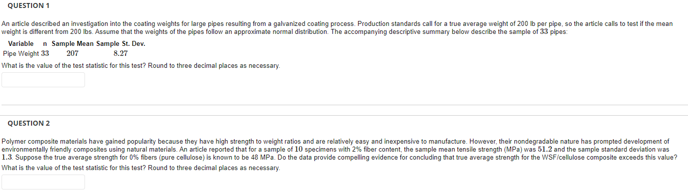 Solved Variable n Sample Mean Sample St. Dev. Pipe Weight | Chegg.com