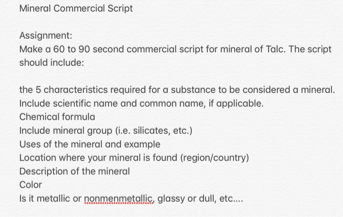 Solved Mineral Commercial Script Assignment: Make a 60 to 90 | Chegg.com