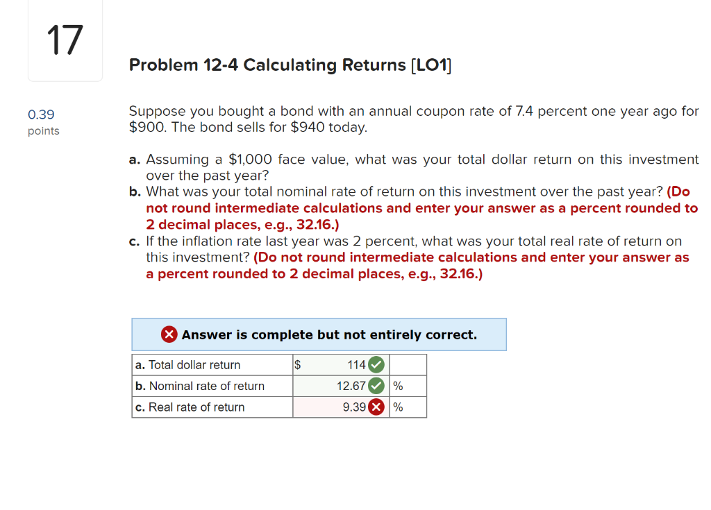 Solved 17 Problem 12-4 Calculating Returns (LO1] 0.39 points | Chegg.com