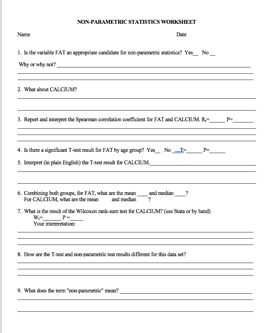 Solved NON-PARAMETRIC STATISTICS WORKSHEETNameDateIs the | Chegg.com