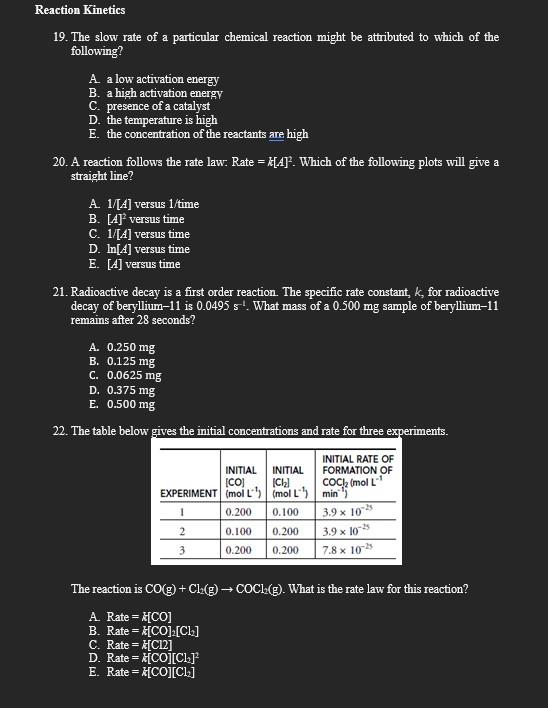 Solved a = Reaction Kinetics 19. The slow rate of a | Chegg.com