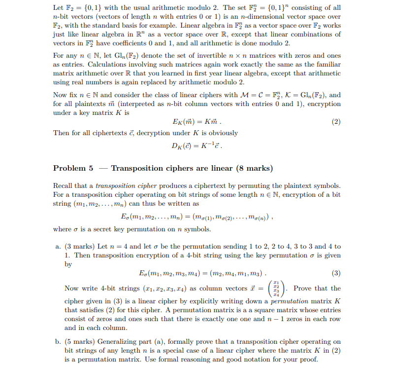 Let F2 {0,1} with the usual arithmetic modulo 2. The | Chegg.com