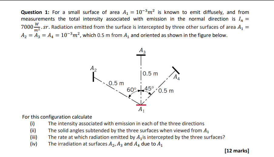 Solved = Question 1: For a small surface of area A1 = 10-3m2 | Chegg.com