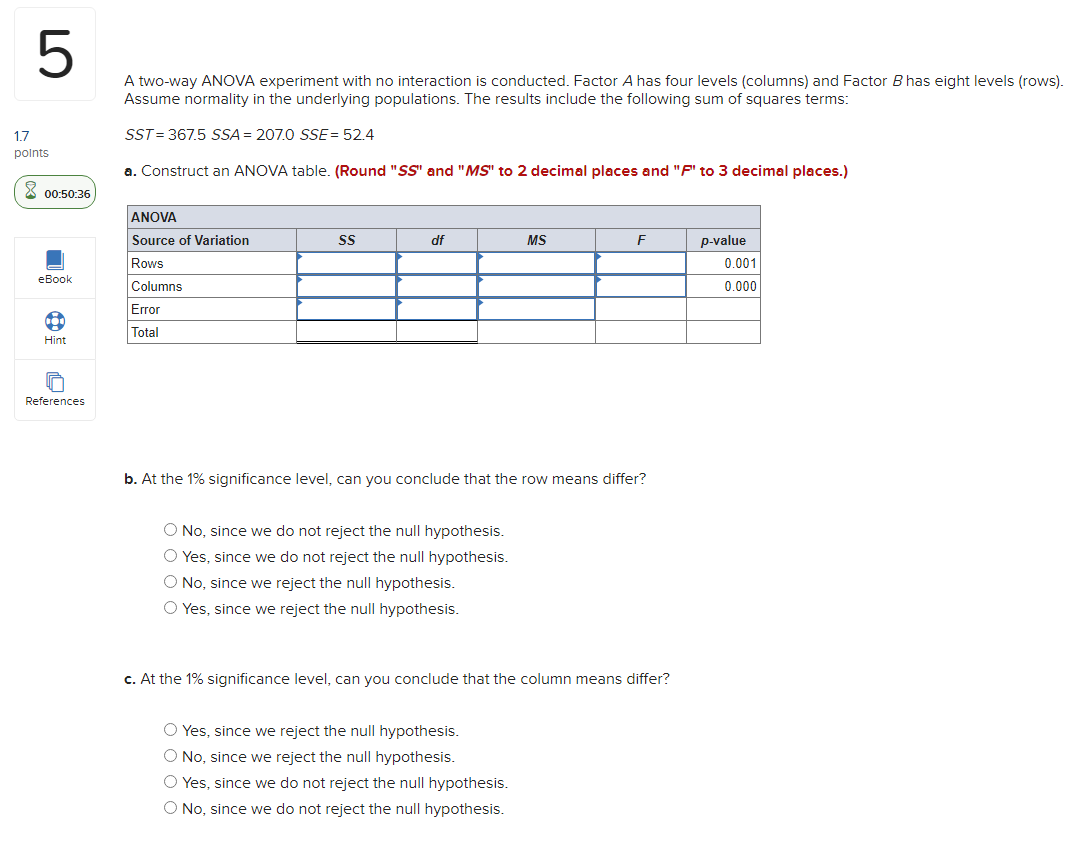 Solved A two-way ANOVA experiment with no interaction is | Chegg.com