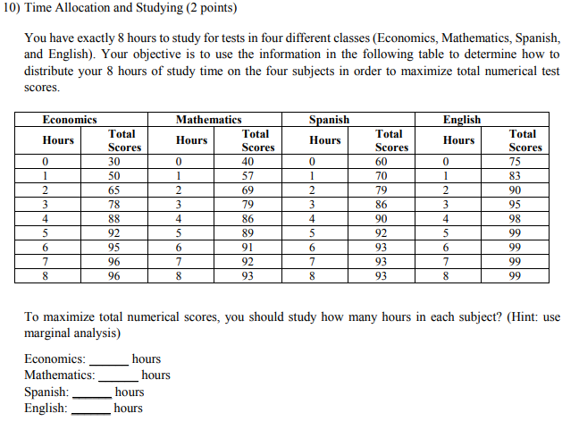 Solved 10) Time Allocation and Studying (2 points) You have | Chegg.com