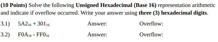 Solved (10 Points) Solve the following Unsigned Hexadecimal | Chegg.com