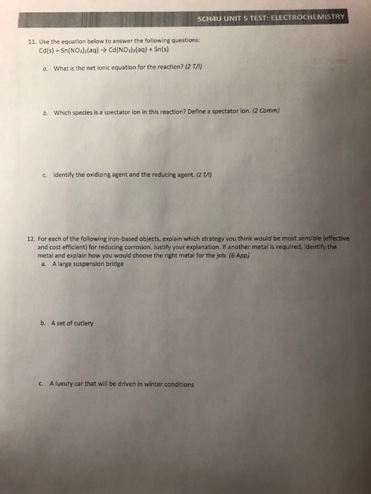 Solved SCH4U UNIT S TEST: ELECTROCHEMISTRY 11. Use the | Chegg.com