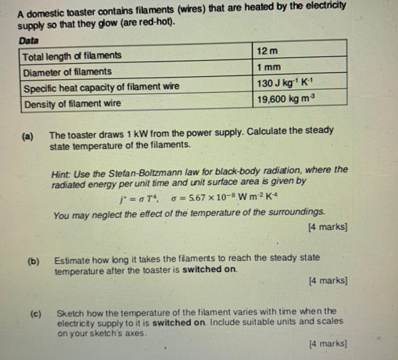 Solved A domestic toaster contains filaments (wires) that | Chegg.com