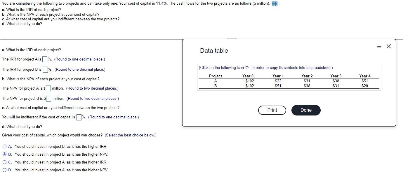 Solved You are considering the following two projects and | Chegg.com