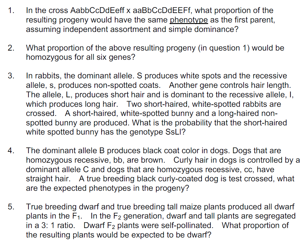 Solved 1. In the cross AabbCcDdEeff x aaBbCcDdEEFf, what | Chegg.com