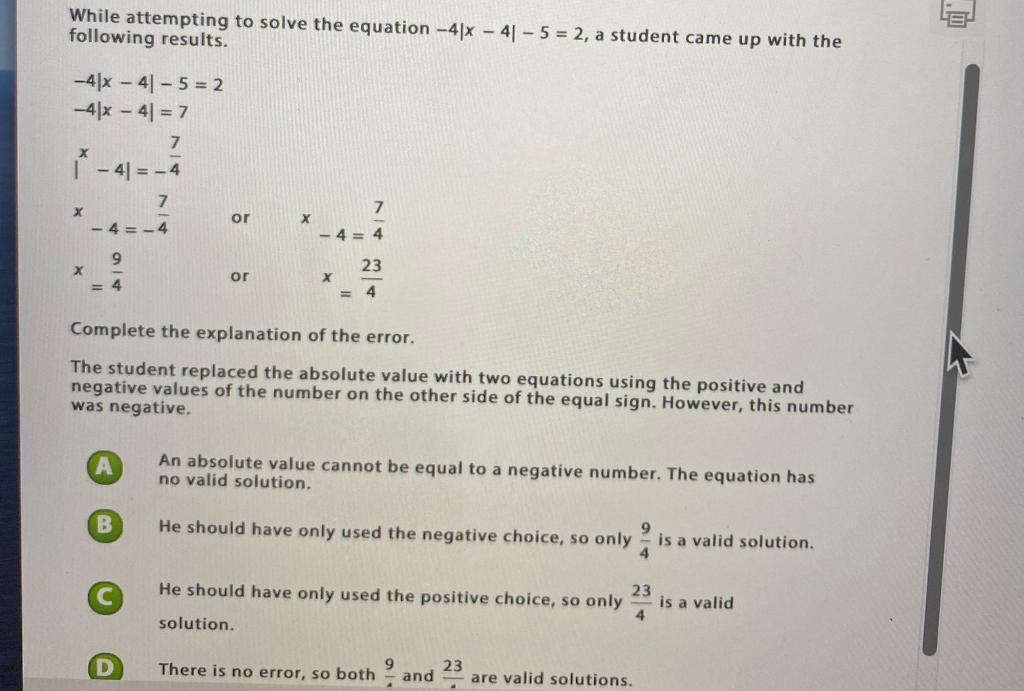Solved While attempting to solve the equation -4|x - 4 - 5 = | Chegg.com