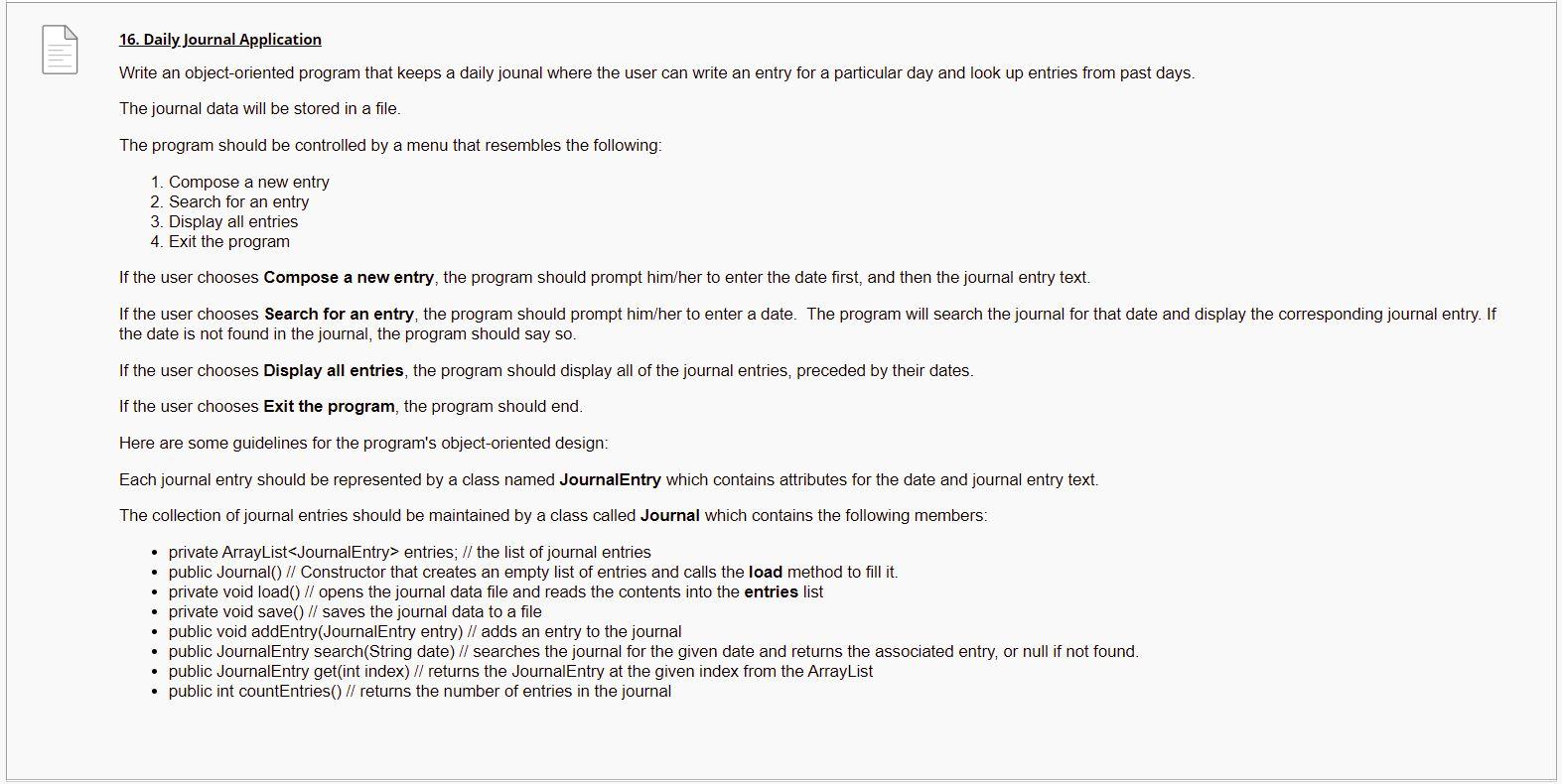 Solved 16. Daily Journal Application Write an | Chegg.com