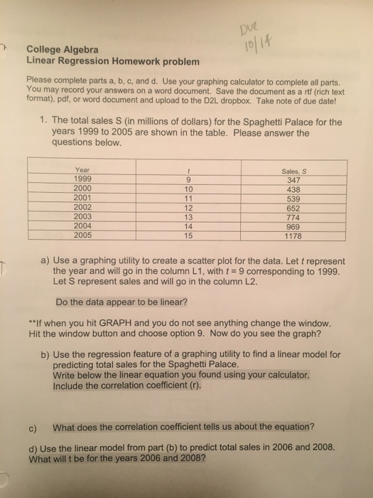 Solved 10 College Algebra Linear Regression Homework problem | Chegg.com