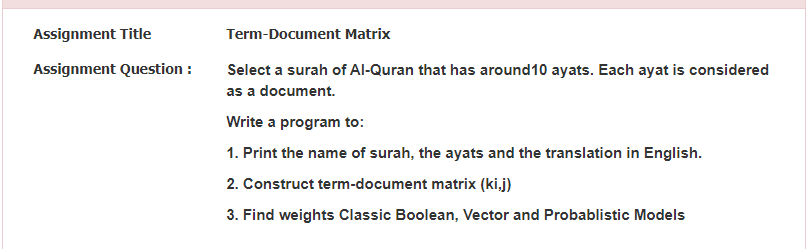 Term-Document Matrix Select a surah of Al-Quran that | Chegg.com
