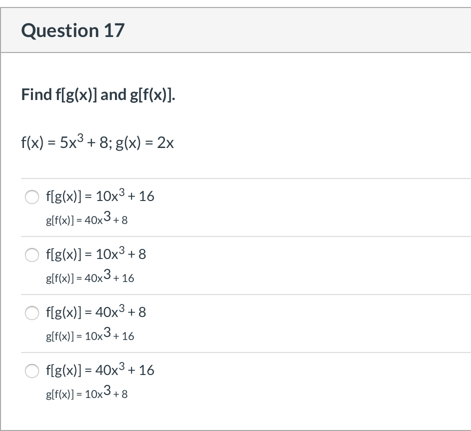 Solved Question 16 Let f(x) = 8x2 - 5x and g(x) = 7x + 9. | Chegg.com