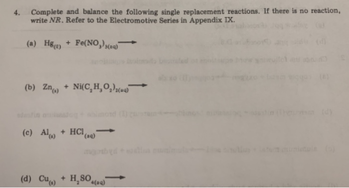 Solved 4. Complete and balance the following single | Chegg.com