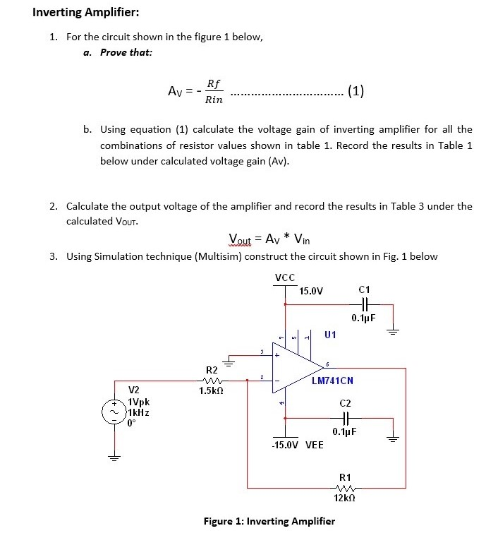 Solved Inverting Amplifier: 1. For the circuit shown in the | Chegg.com
