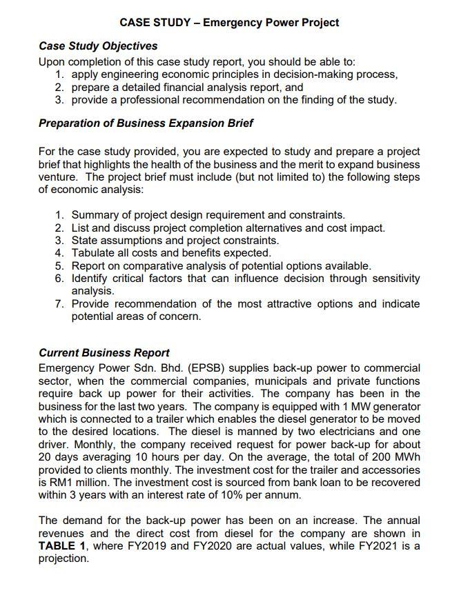 CASE STUDY - Emergency Power Project Case Study | Chegg.com