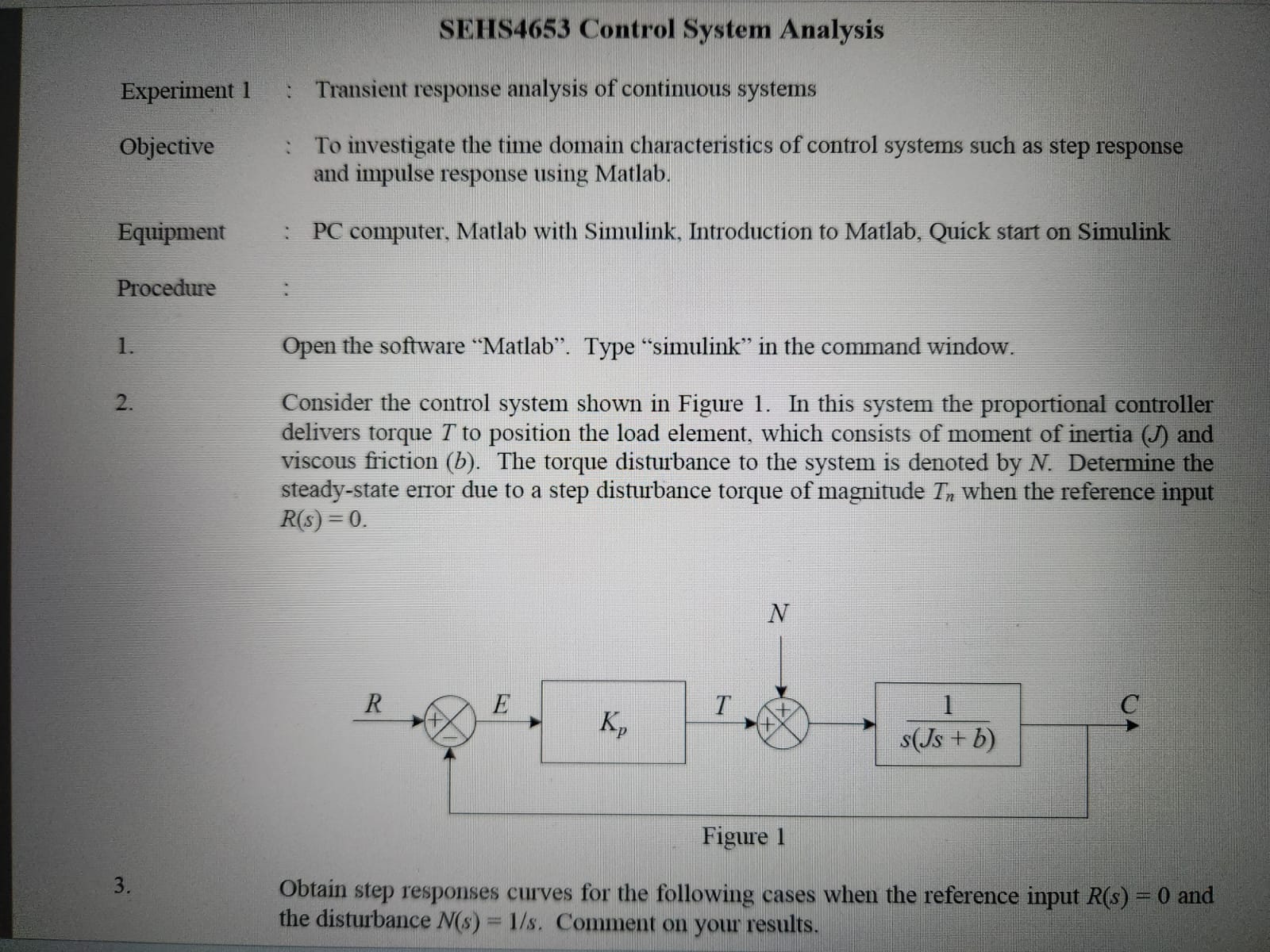SEHS4653 Control System Analysis Experiment 1 : | Chegg.com