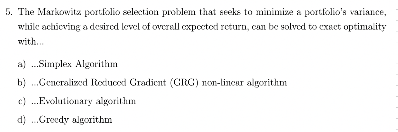 Solved 5. The Markowitz portfolio selection problem that | Chegg.com