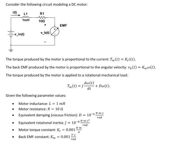 Solved Consider the following circuit modeling a DC motor: | Chegg.com