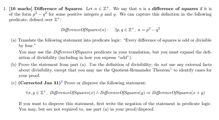 Solved 1. [10 marks] Difference of Squares. Let n ε Ζ+, we | Chegg.com