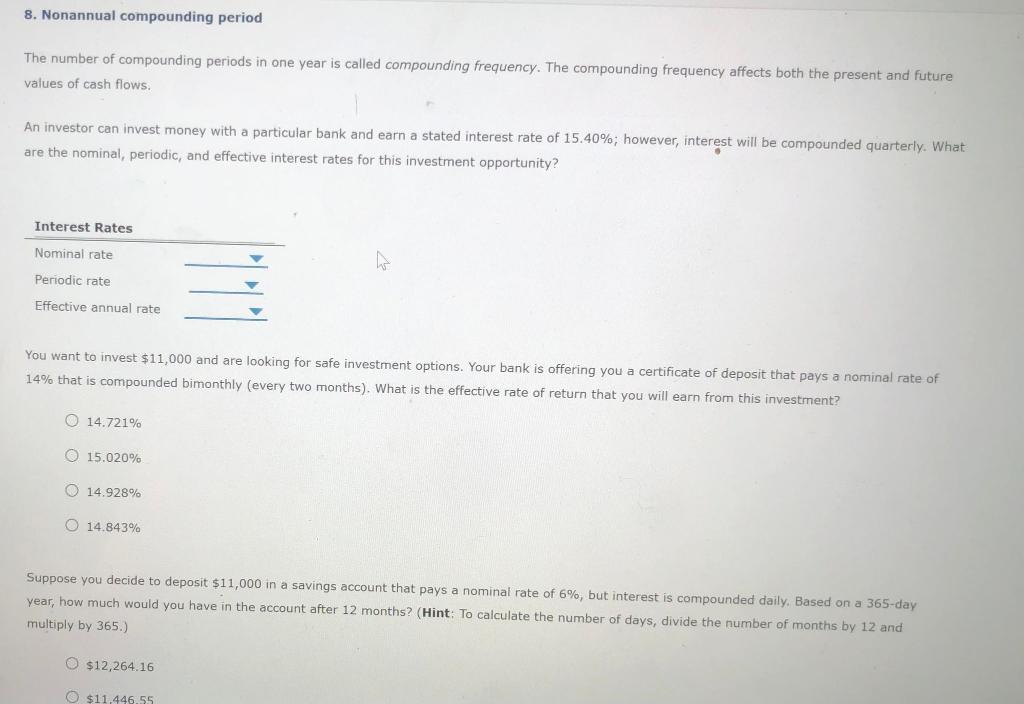 Solved 8. Nonannual compounding period The number of | Chegg.com Solved 8. Nonannual compounding period The number of | Chegg.com