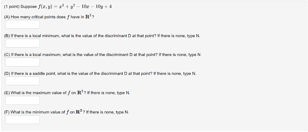Solved (1 point) Suppose f(x, y) = 22 + y2 – 10x – 10y + 4 | Chegg.com