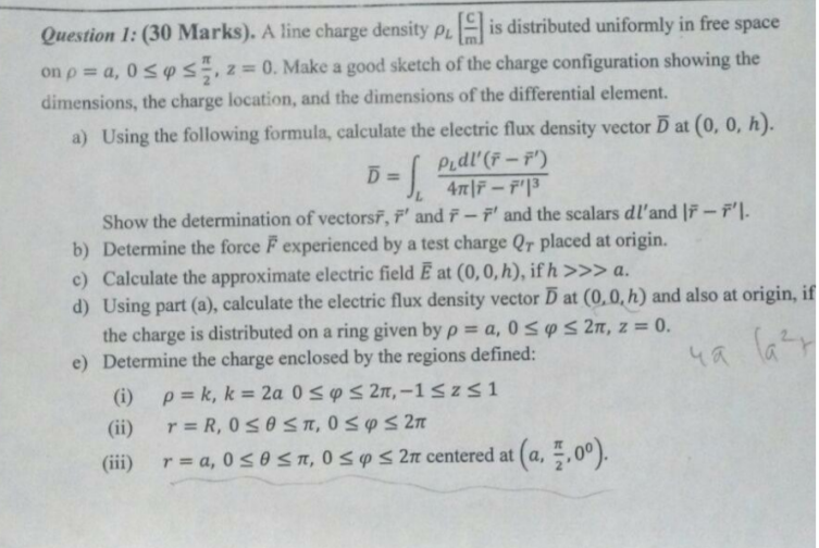 Solved Question 1: (30 Marks). A line charge density pis | Chegg.com