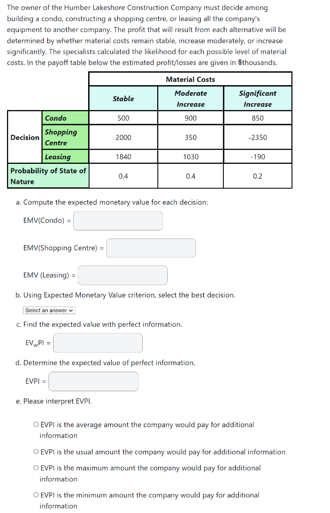 Solved The owner of the Humber Lakeshore Construction | Chegg.com