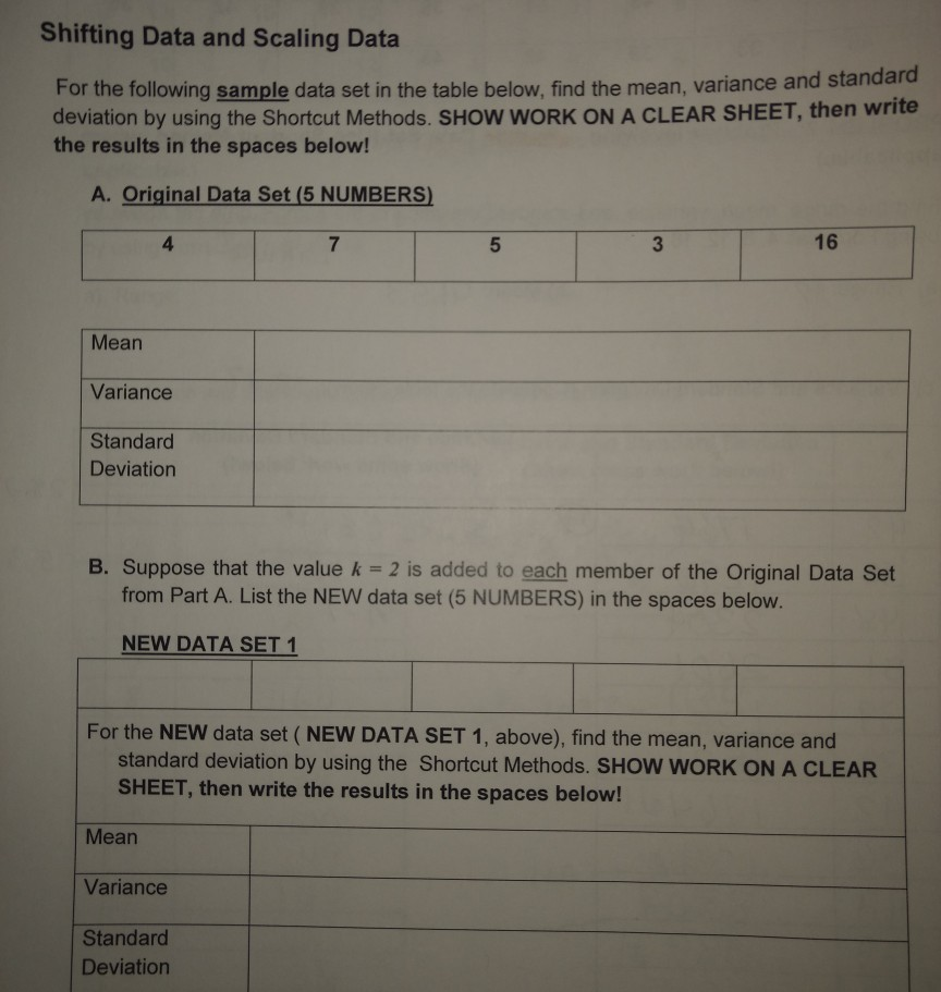 Solved Shifting Data and Scaling Data ard For the following | Chegg.com