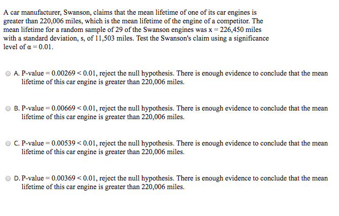 Solved A car manufacturer, Swanson, claims that the mean | Chegg.com