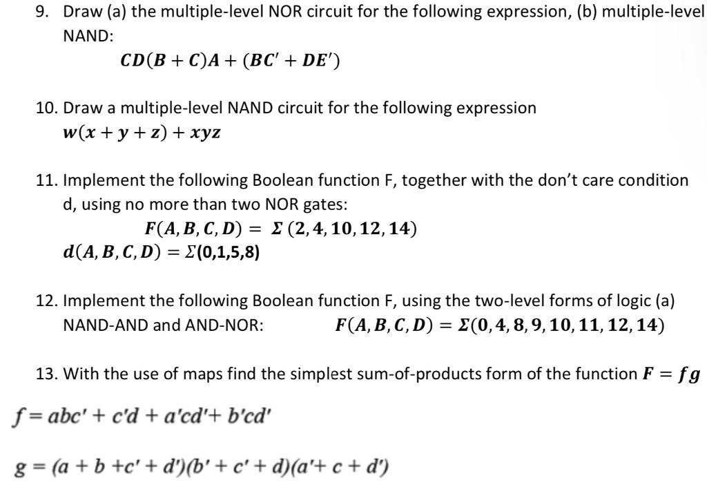 Solved 9. Draw (a) the multiple-level NOR circuit for the | Chegg.com