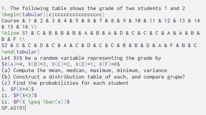 Solved 1. The following table shows the grade of two | Chegg.com
