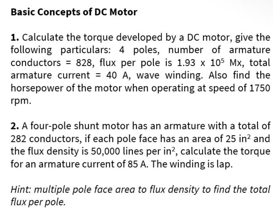 Solved Basic Concepts of DC Motor 1. Calculate the torque | Chegg.com