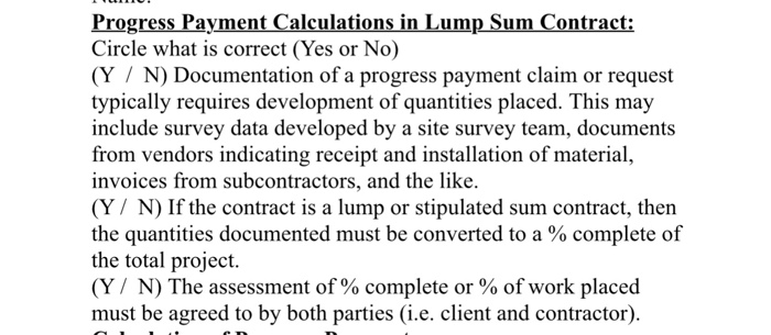 Solved Progress Payment Calculations in Lump Sum Contract: | Chegg.com