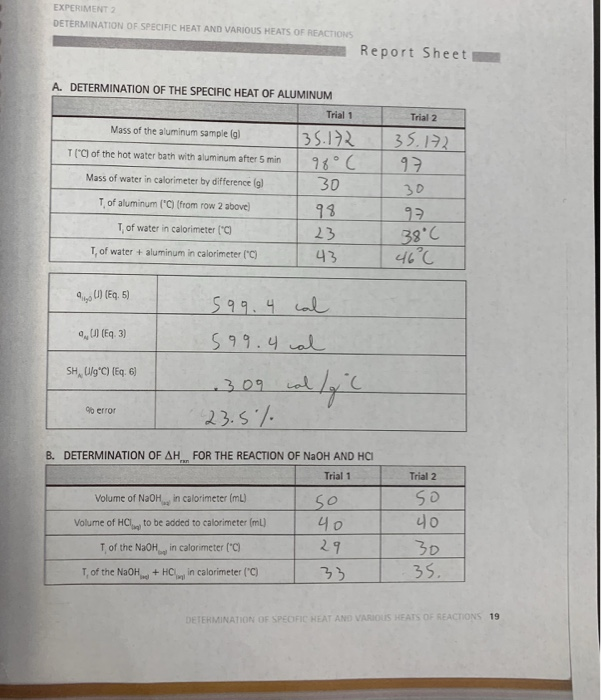 EXPERIMENT 2 DETERMINATION OF SPECIFIC HEAT AND | Chegg.com
