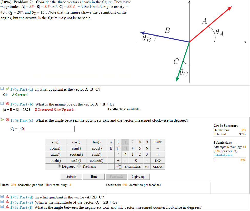 Solved: (10%) Problem 7: Consider The Three Vectors Shown ... | Chegg.com