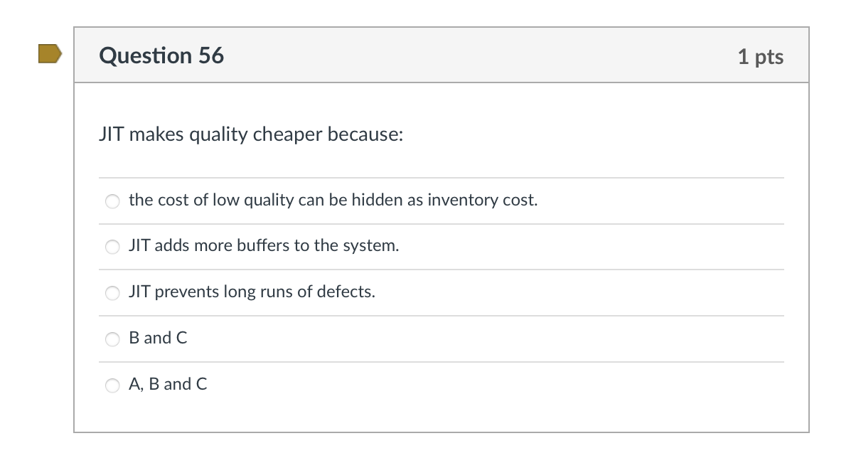 Solved Question 56 1 pts JIT makes quality cheaper because: | Chegg.com