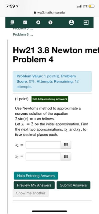 Solved 7:59 1 ww3.math.msu.edu θ田 Problem 6 Hw21 3.8 Newton | Chegg.com